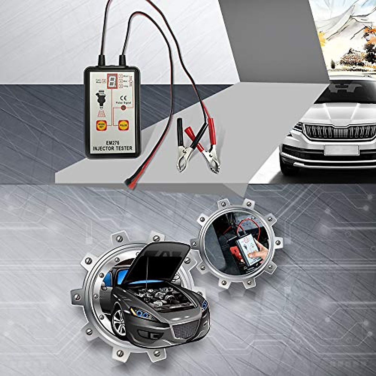 allsun em276 12V DIY Auto Fuel Injector Tester and Cleaner with 2 Adapters, 4 Pluse Modes Powerful Fuel System Vehicle Gasoline Pressure Diesel Short Circuit Protector