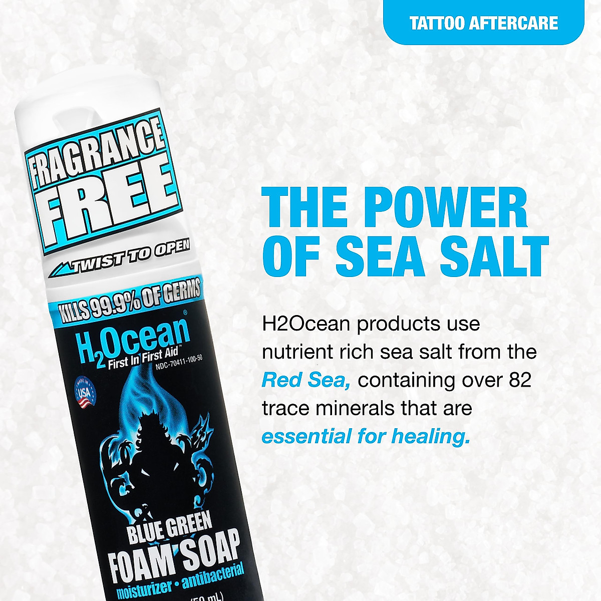 H2Ocean Blue Green Foam Soap - Tattoo Foam Antibacterial Soap for Tattoo Aftercare - Tattoo Care with Aloe Vera - Travel-Size Tattoo Moisturizer Soap - 1.7 oz