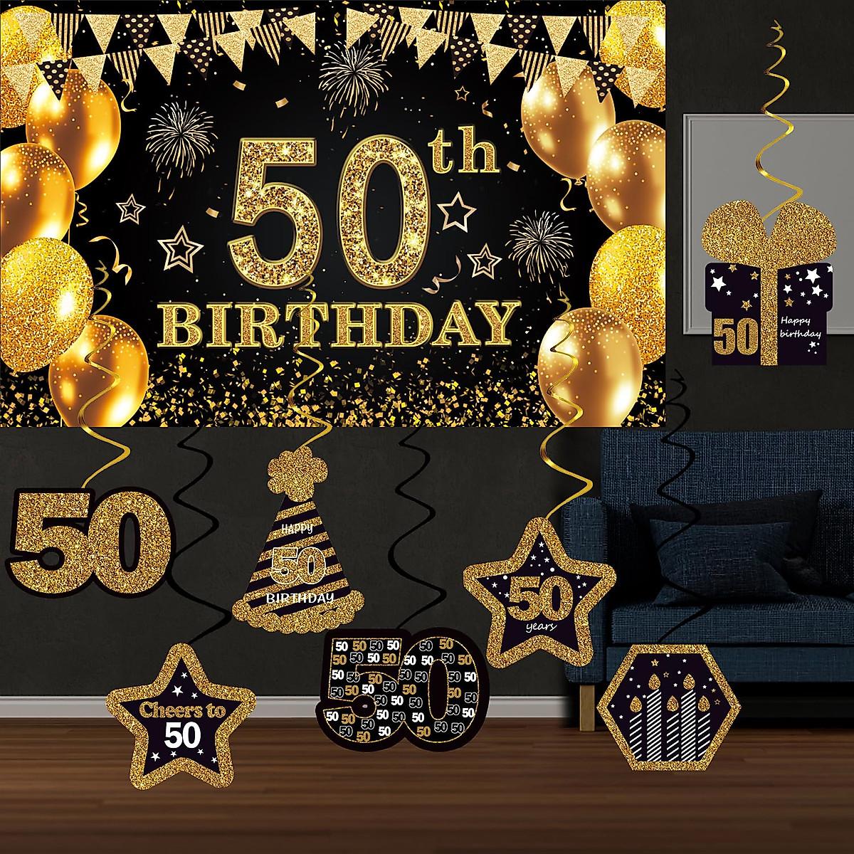 50th Birthday Decorations for Men Women,16PCS 50th birthday banner Party Decorations ,Including Happy 50th Birthday Banner,50 Anniversary Card,Cheers to 50 years banner,7 Hanging Swirl,6 paper Poms
