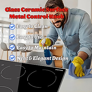 Weceleh Electric Cooktop 24 Inch 4 Burners, 24 Inch Electric Cooktop 4 Burner, Electric Stove Top 24 Inch, 24 Electric Cooktop Ceramic, Knob Control, Drop Built-In, Black, 220-240V, Glass, 6000W