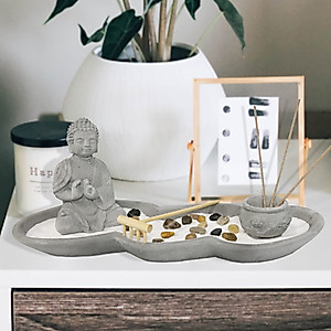 Japanese Mini Zen Garden Decor, Incense Holder with Buddha Statue for Relaxation and Meditation, Gift Set Perfect for Home and Office Decor