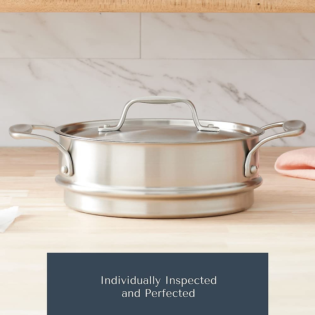 American Kitchen - 3 Quart Stainless Steel Sauce Pan & Insert Set, with cover and steamer insert, Made In America