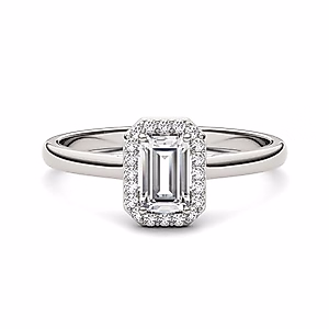 14K White Gold Moissanite by Charles & Colvard 6x4mm Emerald Halo Ring-size 7 0.68cttw DEW