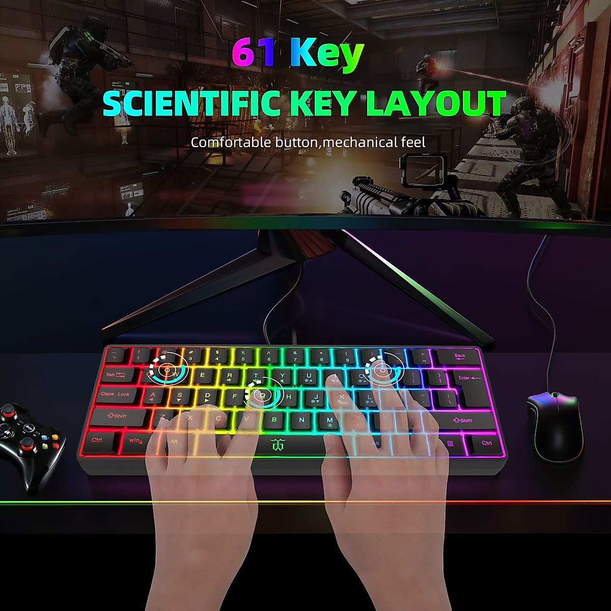K60 61 Keys Multi Color RGB Illuminated LED Backlit Wired Gaming Keyboard, Waterproof Mini Compact 60 percent keyboard, for PC/Mac Gamer, Typist, Travel, Easy to Carry on Business Trip