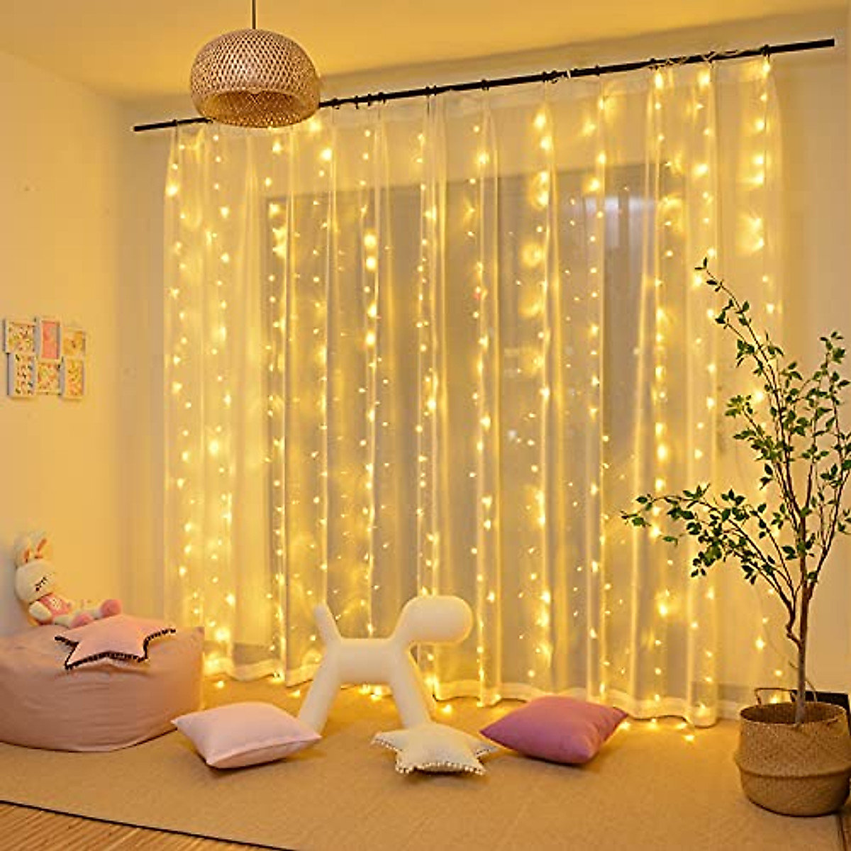 YAQIMIYA 300 LED Fairy Curtain Lights Plug in 10x10FT,8 Modes Window Wall Hanging Curtain String Lights for Bedroom Wedding Party Indoor Outdoor Decoration (Warm White)