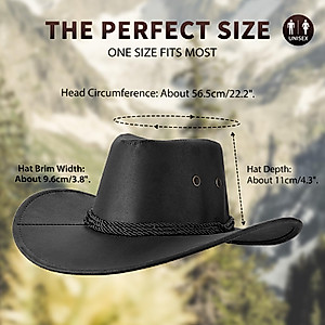 UwantC Mens Faux Felt Western Cowboy Hat Fedora Outdoor Wide Brim Hat with Strap Black