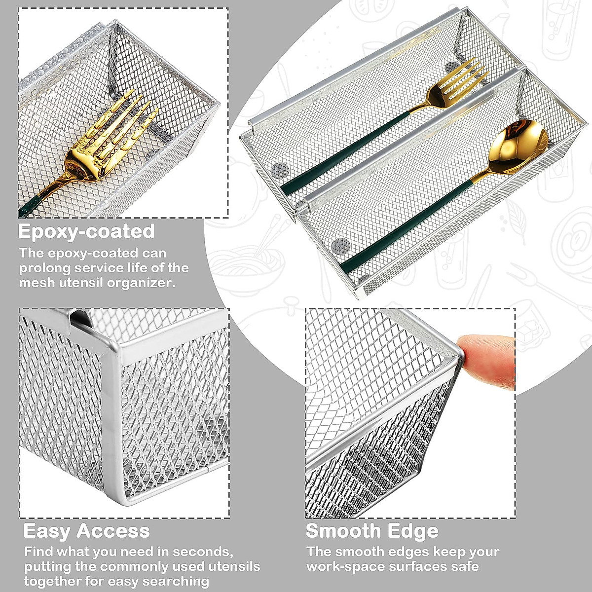 12 Set Silverware Drawer Organizer Mesh Utensil Drawer Organizer for Kitchen Cutlery Trays Holder Steel Metal Flatware Storage, 2 Inch High, Silver