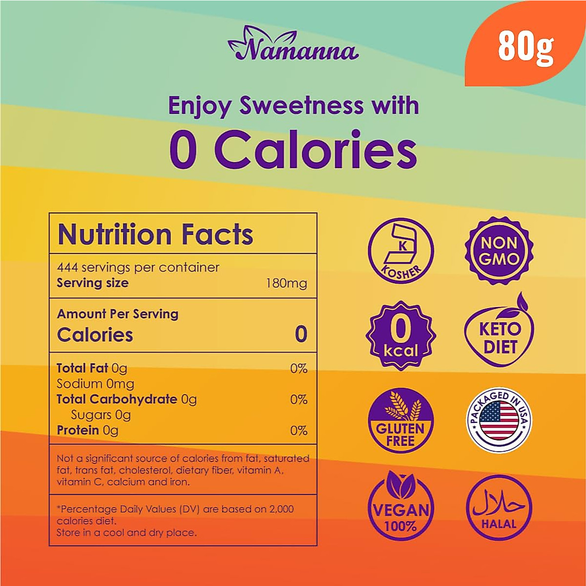 NAMANNA Pure Monk Fruit Sweetener - Zero Calorie, Zero Carb, Paleo and keto Diet Friendly, No Erythritol, sugar substitute, Natural sweetener, Vegan(444 Servings) - 1 Pack