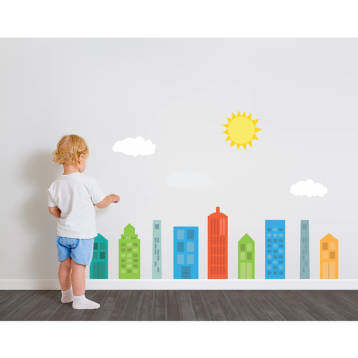 Wallency City Wall Decal - Fabric Wall Decal - Colorful Skyscraper Buildings, Clouds and Sun Wall Stickers for Kids Room, Nordic Nursery - Peel and Stick, Removable Wall Stickers (Small)