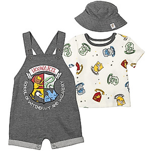 Harry Potter Hogwarts Newborn Baby Boys French Terry Short Overalls T-Shirt and Hat 3 Piece Outfit Set 3-6 Months