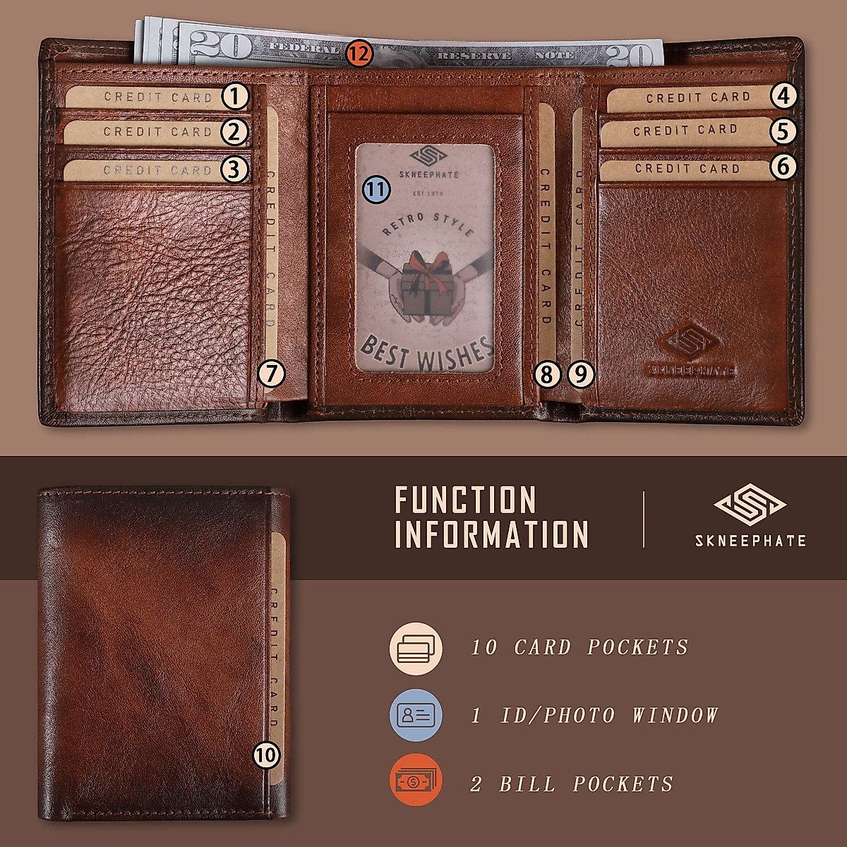 skneephate Men's Trifold Wallet,Wolf Wallets For Men Leather,Rfid Blocking,Gifts For Him Husband (brown)