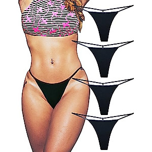 KUKU PANDA Cotton G String Thongs for Women T Back Gstring Underwear Seamless Panties Tangas Sexy 4 Pack Set (Black, Medium)