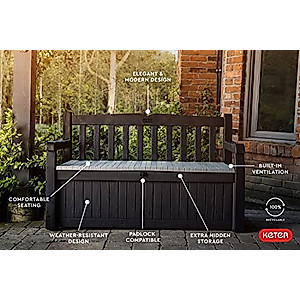 Keter Solana 70 Gallon Storage Bench Deck Box for Patio Furniture, Front Porch Decor and Outdoor Seating – Perfect to Store Garden Tools and Pool Toys, Grey