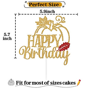 Gold Glitter Pumpkin Happy Birthday Cake Topper, Pumpkin Themed Birthday Party Decorations, Autumn Fall Maple Leaves Birthday Party Decorations Supplies