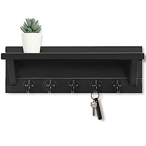 Lwenki Wall Key Holder with Shelf, Rustic Shelf with Hooks Made of Paulownia Wood Holds Keys, Dog Leash, Bags and More - 13.7" W x 4.7" H x 3.5" D Decorative Key Hanger and Entryway Shelf (Black)