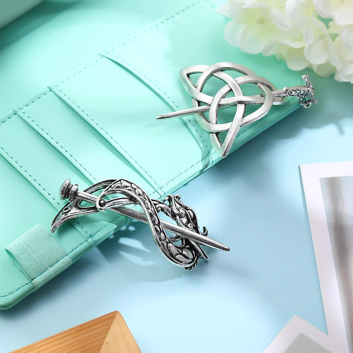 WILLBOND 2 Pcs Celtic Knot Dragon Hairpins - Viking Triangle Hair Clips and Slides in Jewelry Style for Women and Ladies