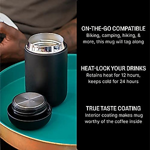 Fellow 16 oz Carter Wide Travel Mug - Wide Mouth Vacuum-Insulated Stainless Steel Coffee Mug - Tea and Coffee Tumbler - Travel Coffee Mug with Ceramic Interior - Matte Black