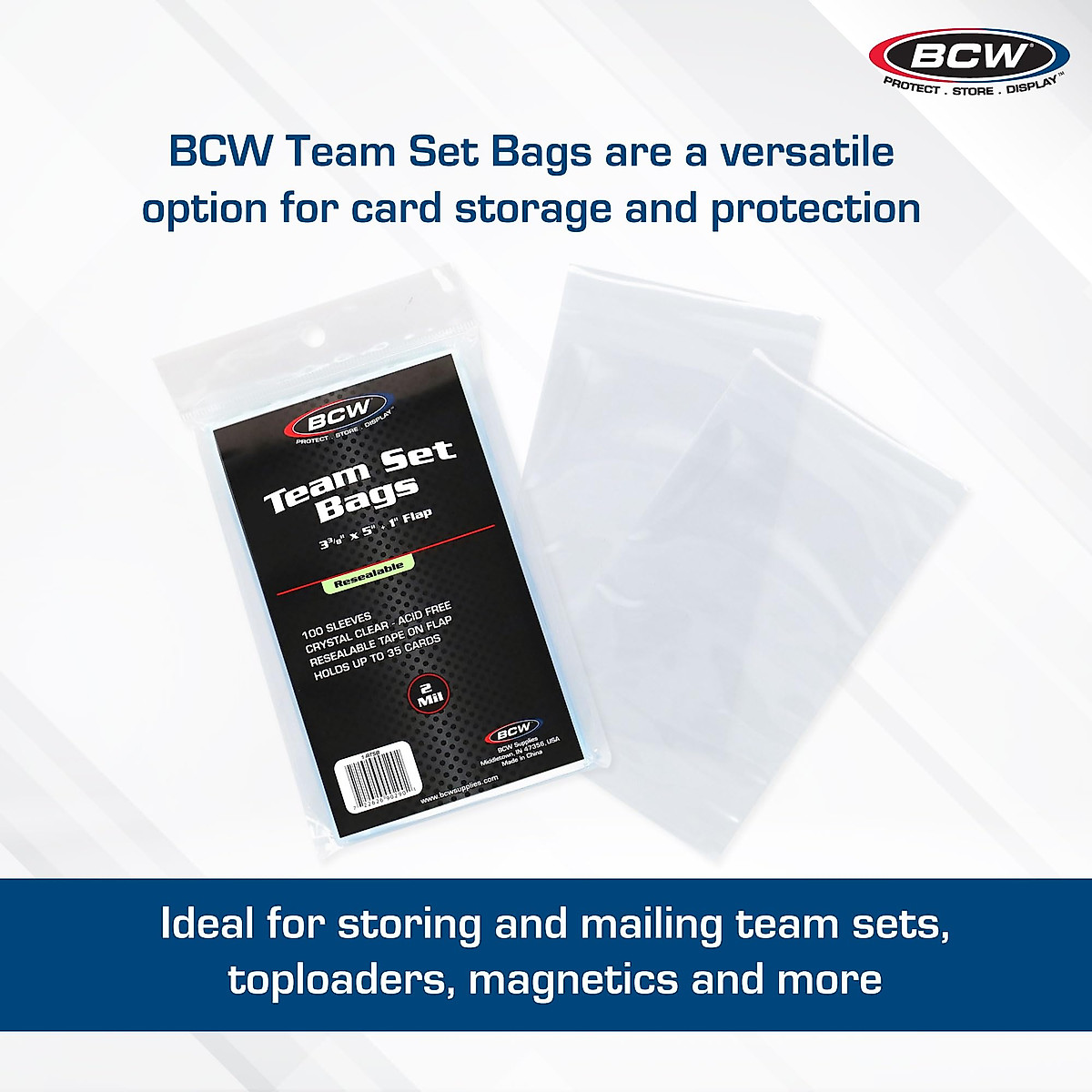 BCW Resealable Team Set Bags - 100 ct | Archival Quality Polypropylene | Holds 35 Standard Cards | Toploader and Magnetic Holder Compatible | Acid-Free Sealing Solution for Trading Card Collections