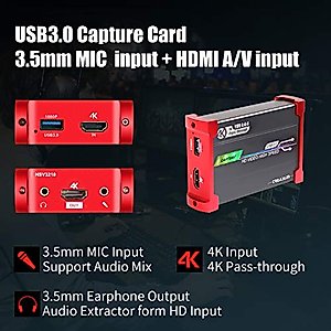 TreasLin Capture Card 4K 60FPS Game USB3.0 Capture, Video HDMI Cool Capture Card Live Streaming Share for PS5 PS4 Switch Wii U DSLR Xbox on OBS, Windows, Mac, Zero Latency HDMI Pass-through