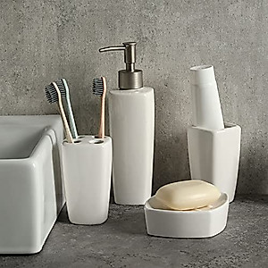 MyGift 4 Piece Ceramic White Bathroom Accessory Set with Soap Dispenser Pump, Toothbrush Holder, Tumbler and Soap Dish