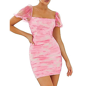 ZESICA Women's 2023 Summer Short Puff Sleeve Tie Dye Print Ruched Bodycon Cocktail Party Wedding Guest Short Mini Dress,HotPink,X-Large