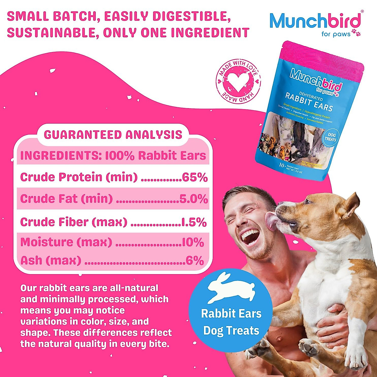Munchbird Dehydrated Rabbit Ears (3.5 oz, 12-15 Counts) for Dogs & Cats, European Furry Rabbit Ear Natural Fiber for Dogs, Rawhide Free Alternative to Pig Ears for Dogs, Ear Size Varies