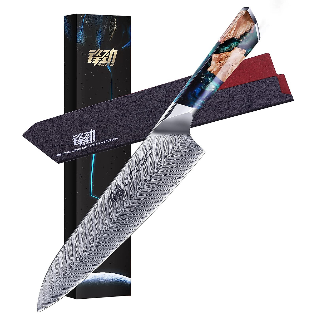 FINDKING Nebula Series Chef Knife with ABS Sheath, Multipurpose Japanese Gyuto Knife, 10Cr15CoMov Damascus Steel Blade, Resin and Figured Sycamore wood Handle, Full Tang, 8 Inch, Blue, for Meat