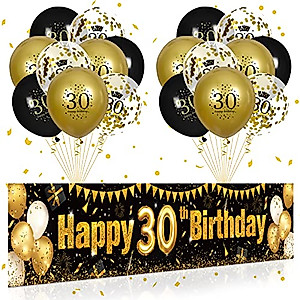 30th Birthday Decorations for Men Women Black and Gold, Black Gold Birthday Yard Banner Sign and 18 PCS 30th Happy Birthday Balloons for 30th Anniversary Birthday Party Supplies Outdoor Yard Decor