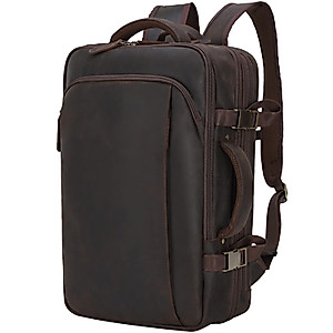 Masa Kawa Vintage Leather Backpack for Men Fits 15.6 Inch Laptop Expandable 36L Business Travel Carry On Backpack School Daypack Weekender Bag