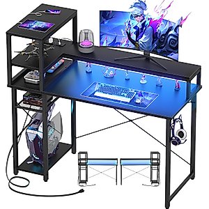 iSunirm Small Gaming Desk with Storage, 39" Computer Desk with LED Lights, Home Office Desk with Adjustable Shelves & Power Outlets, Gaming Computer Desk with Monitor Stand for Small Spaces, Black