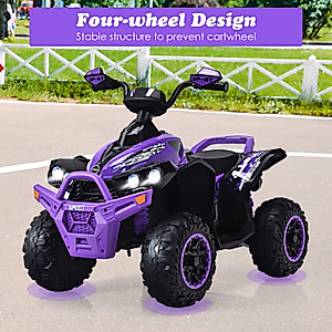 OLAKIDS Ride On ATV, 12V Kids 4 Wheeler Battery Powered Toy Car for Toddlers, Electric Rear Motorized Quad Vehicle for Boys Girls with LED Lights, Music, Horn, High Low Speed, Soft Start (Purple)