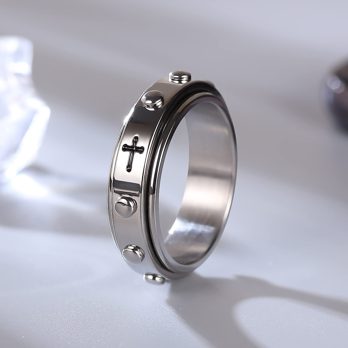 Adreamz 6mm Spinner Rosary Ring for Anxiety Relief Fidget Spinner Ring with Anti-worry Beads Cross Wedding Bands for Men Women 9