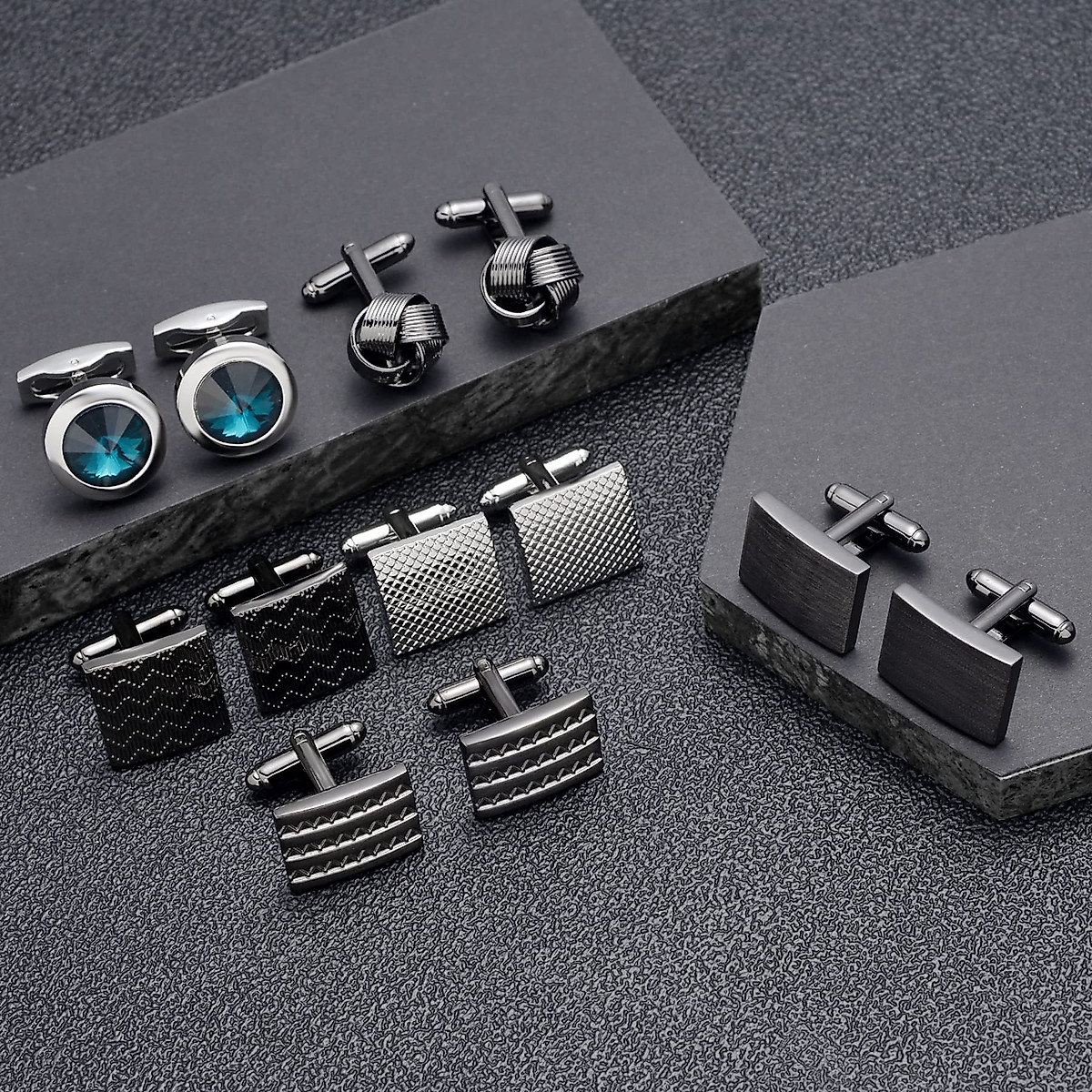 Akeoqi 6 Pairs Cufflinks for Men Classic Tone Cufflinks Striped Disc Square CZ Spherical Knot Rectangle Cuff Links Shirt Suit Cufflinks