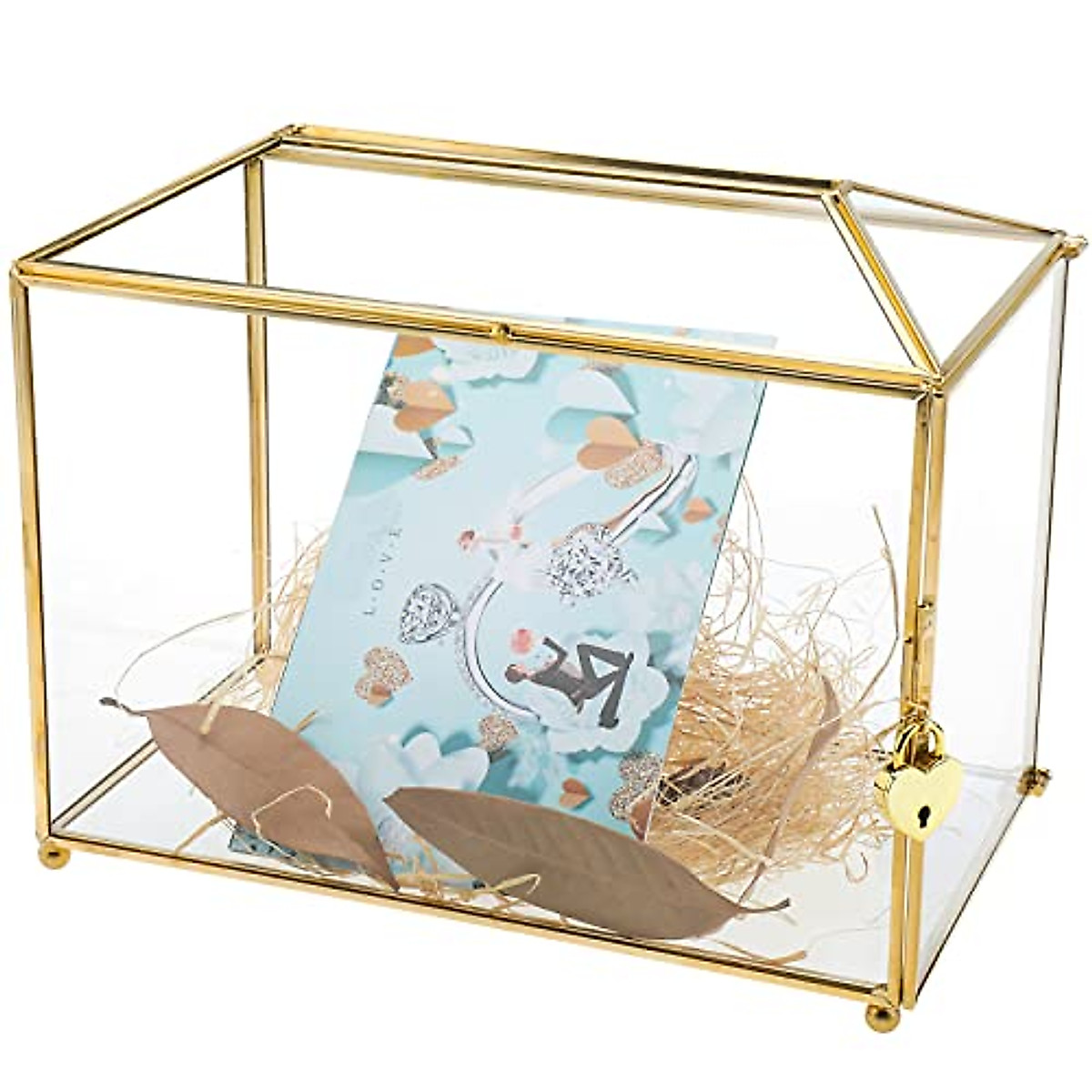 HighFree 10.2" Glass Wedding Card Box with Slot & Lock, Handmade Copper Gold Geometric Terrarium, Clear Display Box for Wedding Reception, Wishwell, Keepsake