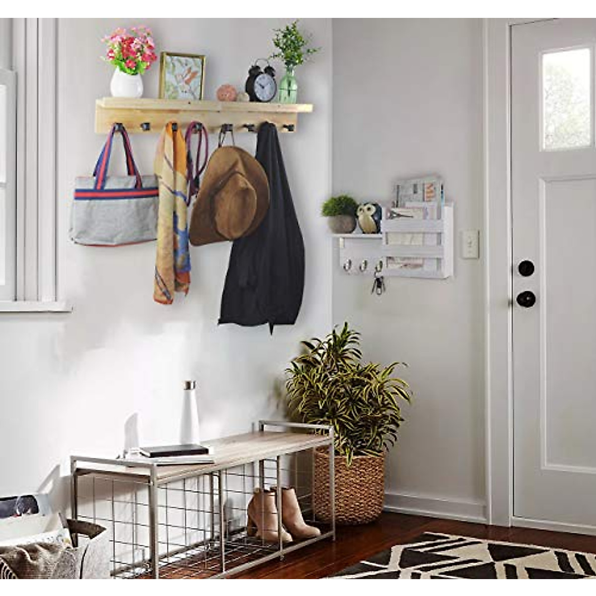 Spiretro Coat Rack with Shelf, Wall Floating Shelves with Peg Hooks, Organize, Storage, Decorative for Entryway, Mudroom, Kitchen, Bathroom, Set of 2, Rustic Pine Wood Natural Beige