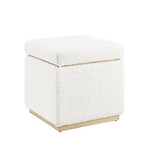 Linon Cream Lexington Sherpa Upholstered Square Storage Ottoman with Natural Wood Accent