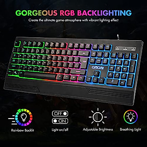 CHONCHOW Ergonomic LED Rainbow Keyboard for Game and Work, USB Wired Light Up Backlit Gaming Keyboard with Wrist Rest, 104 Key Quiet RGB Keyboard for PC Xbox PS4 PS5 Laptop