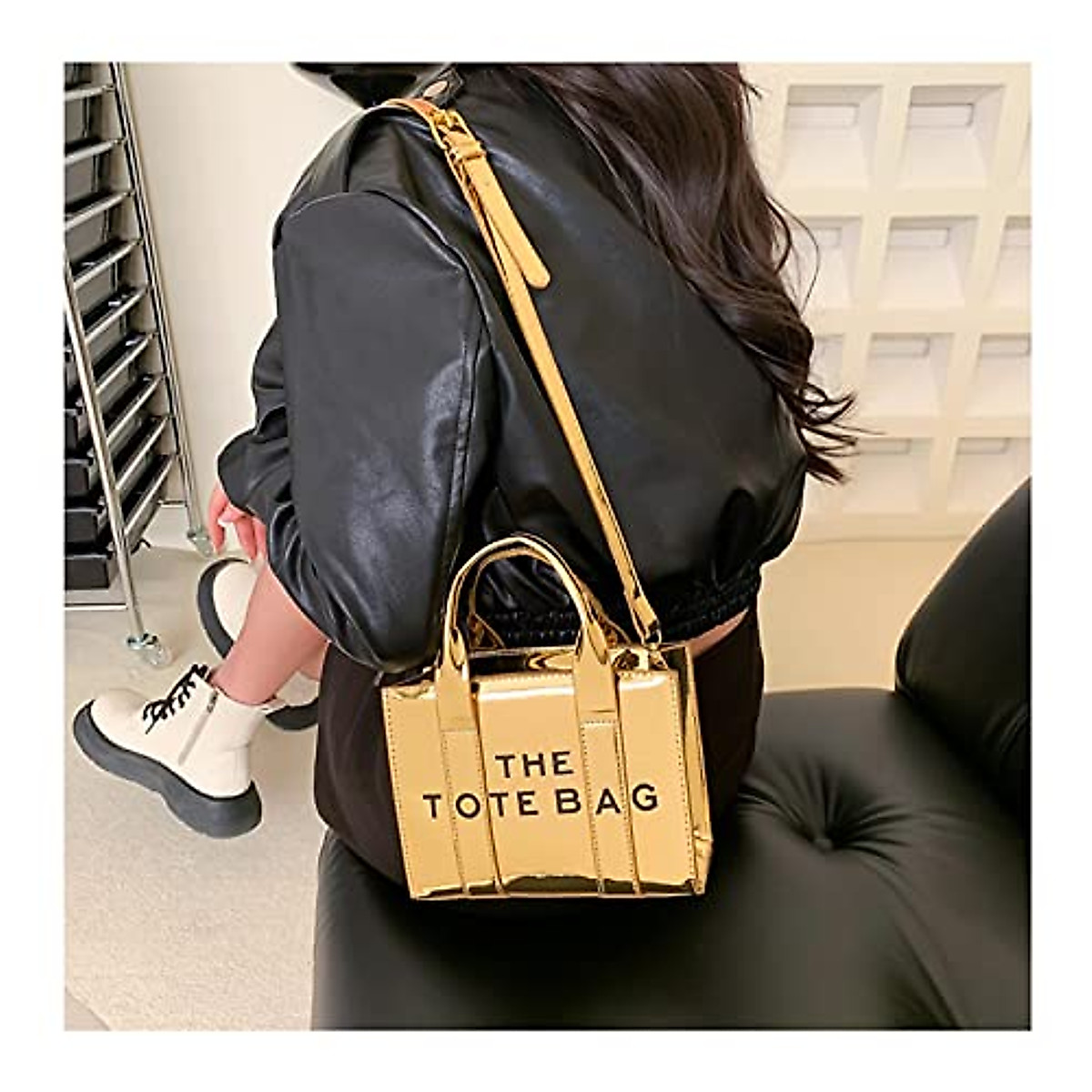 Cooble Shiny Tote Bags Faux Leather Handbag Tote Purse Crossbody Bag Satchel Bag Shoulder Bag for Women (Gold)