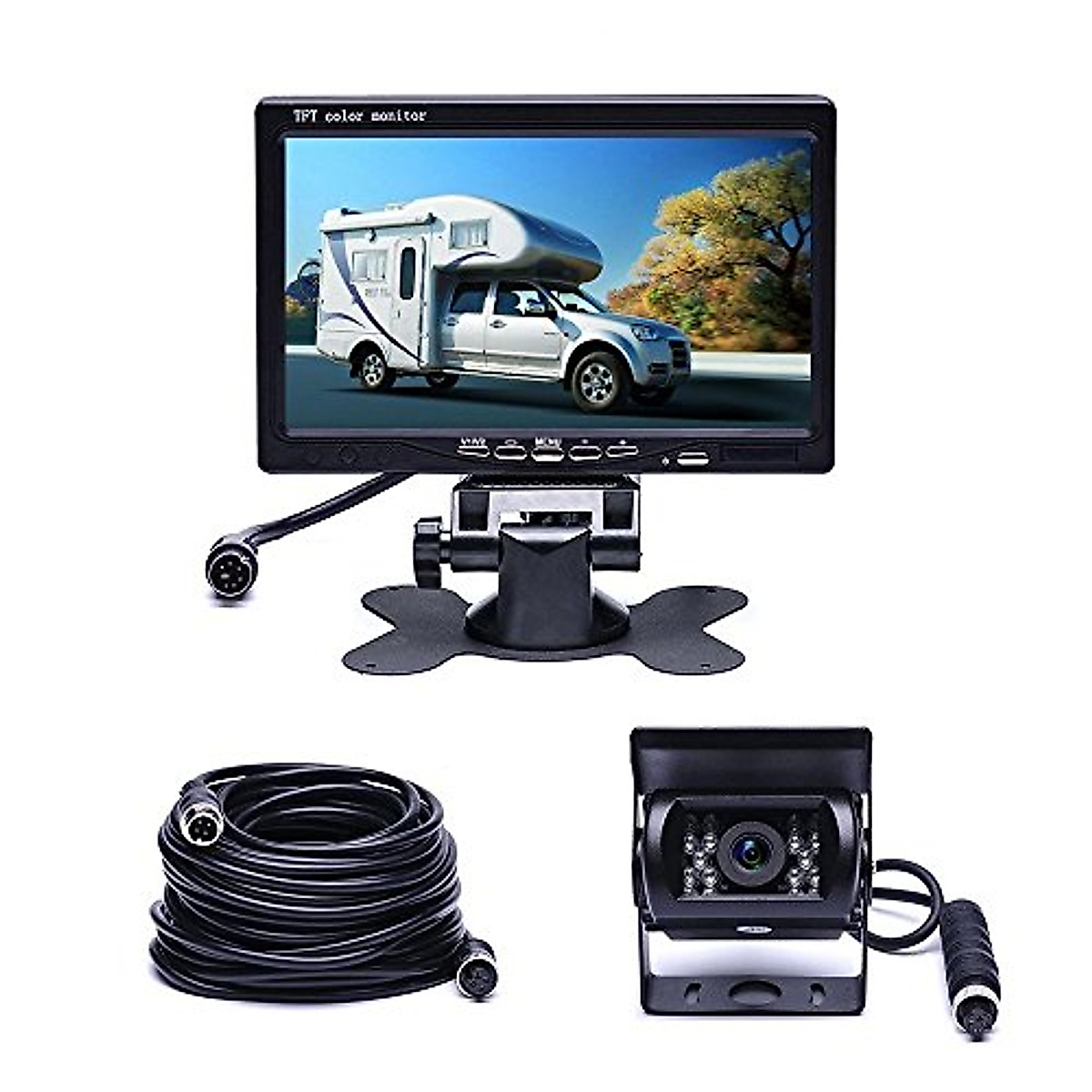 Camecho Vehicle Backup Camera 7" Monitor,18 IR Night Vision Rear View Camera Without Guide Line IP 68 Waterproof, 4 Pins Aviation Extension Cable for 33FT Length RVs, Bus, Trailer,Truck