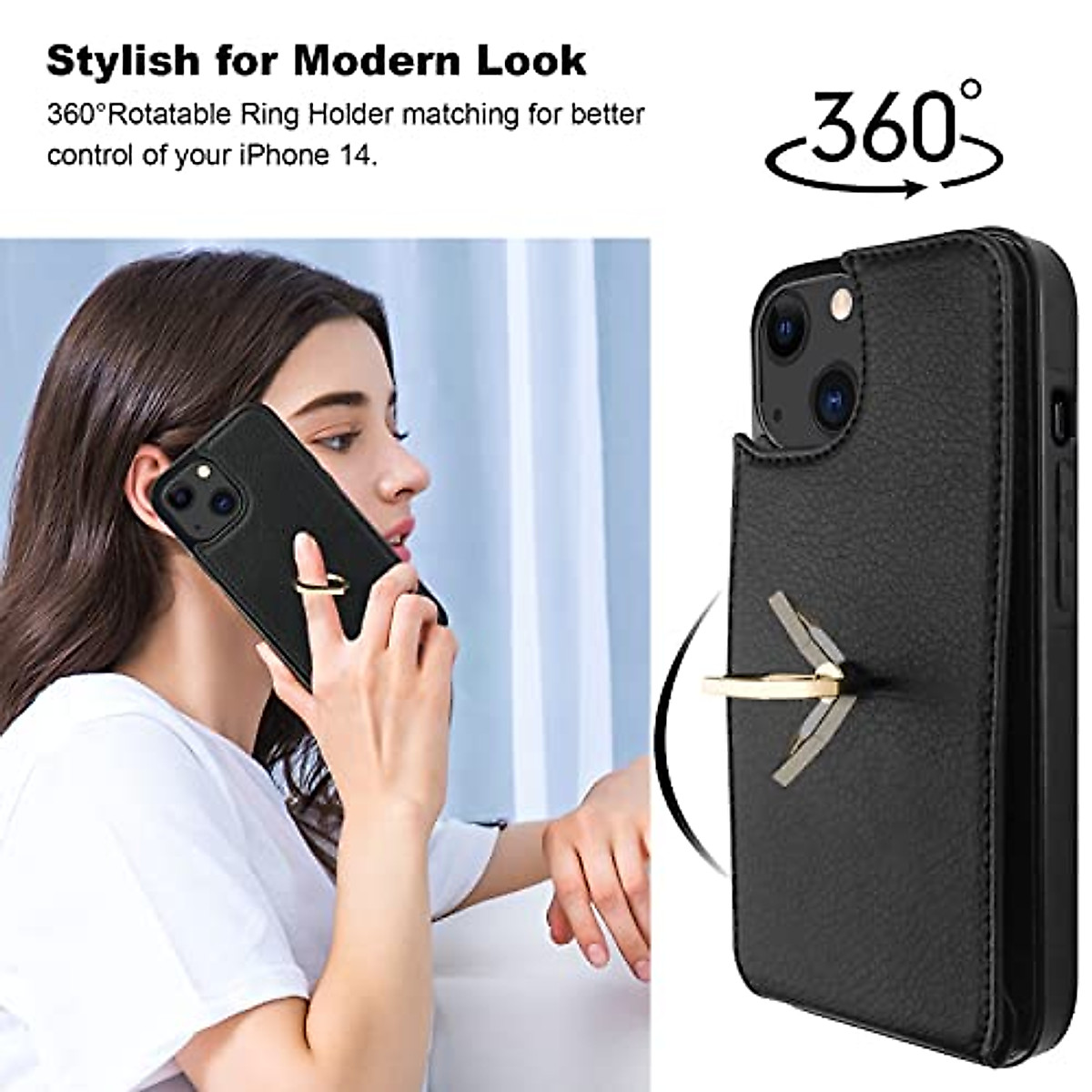 Folosu Compatible with iPhone 14 Case Wallet with Card Holder, 360°Rotation Finger Ring Holder Kickstand, RFID Blocking Leather Protective Double Buttons Shockproof Cover 6.1 Inch Black