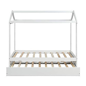 Harper & Bright Designs House Bed , Bed Frame Twin with Trundle and Roof, Toddler Daybed Twin, Children's Bed, No Box Spring Needed ,White