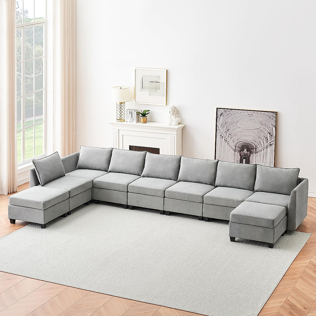 GAOMON 163'' Sectional Sofa with Storage Seats,9 Seat Convertible U Shaped Sofa with Large Reversible Chaise, Linen Fabric Modular Sofa Sectional Couches with Ottomans for Living Room,Grey
