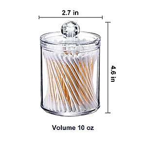Wellinc Qtip Holder Dispenser for Cotton Ball, Cotton Swab, Cotton Round Pads, Floss - 10 oz Clear Plastic Apothecary Jar Set for Bathroom Canister Storage Organization, Vanity Makeup Organizer