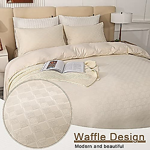 ENCOFT Waffle Duvet Cover Queen Size, Soft Microfiber Beige Cream Waffle Weave Textured Duvet Cover Set, Comforter Cover Bedding Set All Season, 90"x90"