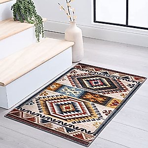 Fashriend Rita Machine Washable Door Mat Small Rug 2'×3' Non-Slip Foldable for Entrance Bedroom Kitchen Moroccan Tribal Vintage Brown Family & Pet Friendly Accent Rug