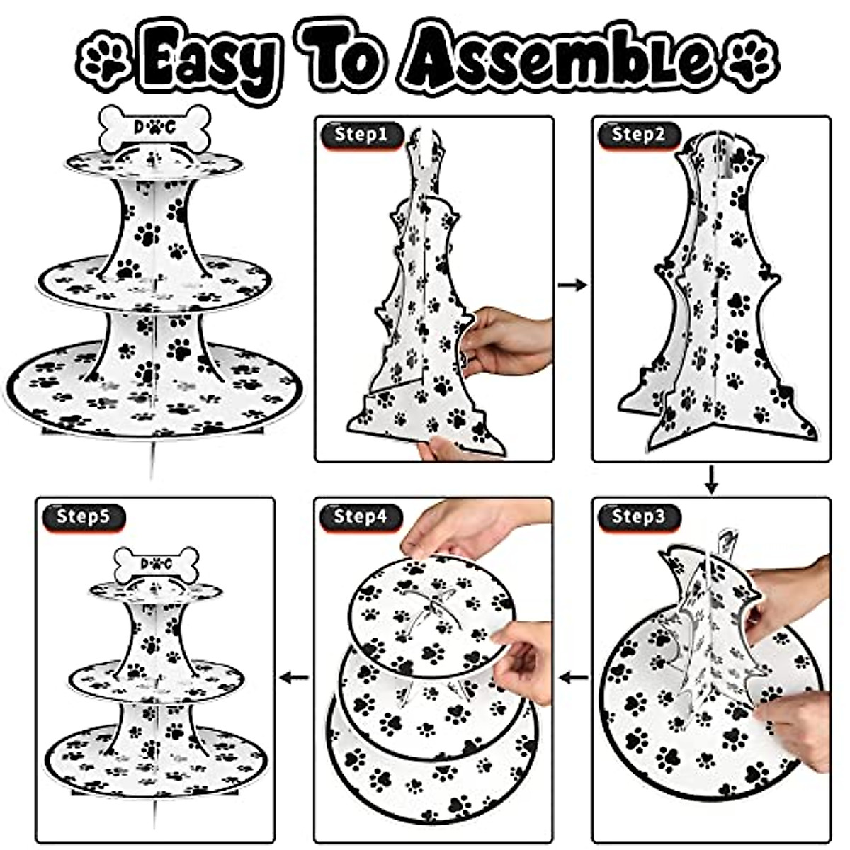 2 Set 3-Tier Dog Paw Print Round Cardboard Cupcake Stand for 24 Cupcakes Perfect for Kids Dog Paw Print Theme Birthday Party Decorations Dog Paw Print Party Supplies Cupcake Topper