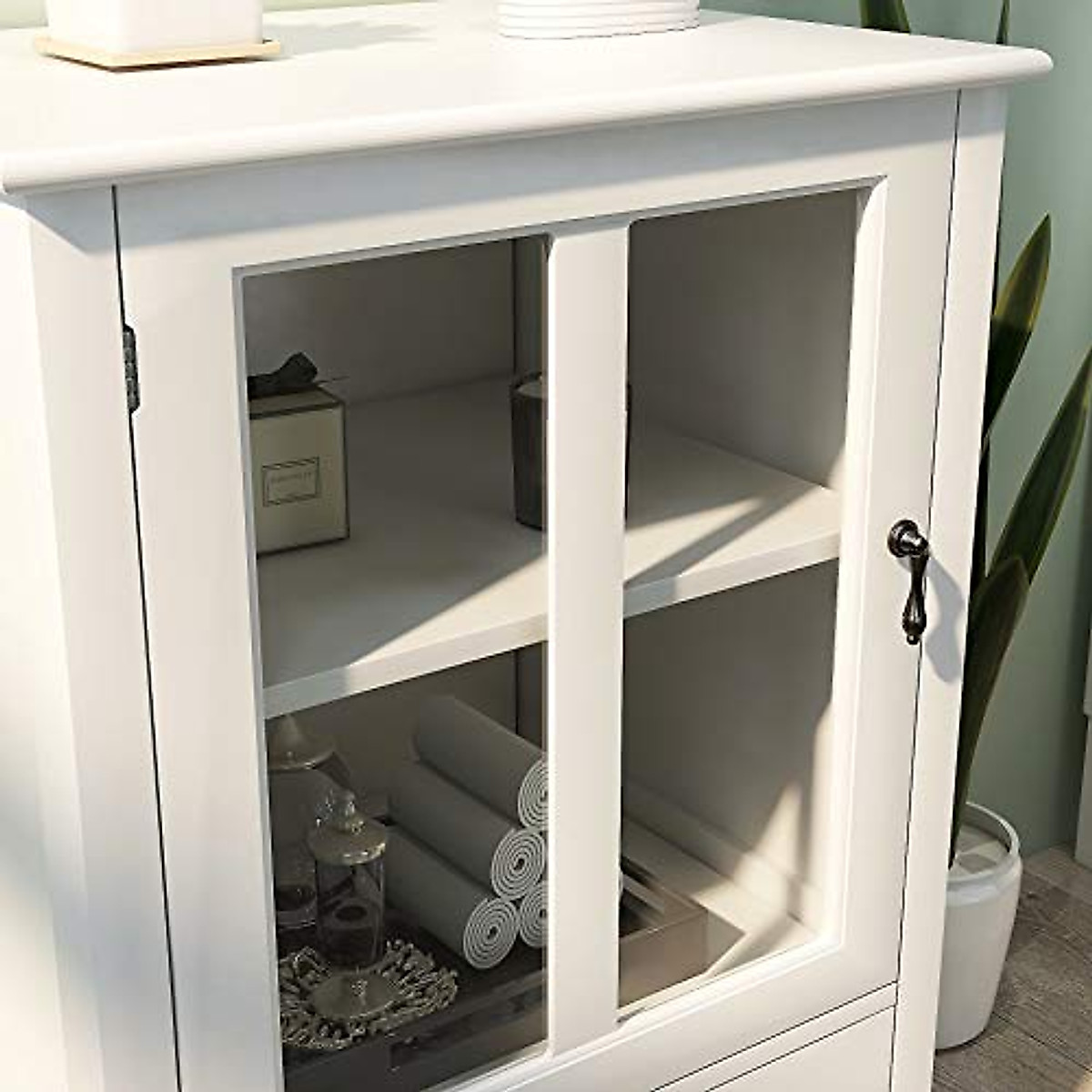 Modern Storage Cabinet with Single Glass Door, Handle and Drawer, Buffet Sideboard Console Table Side Table for Hallway Entryway Kitchen Living Room, White