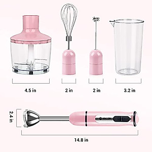 Immersion Hand Blender, ISILER 5-in-1 500-Watt Multi-Purpose Stick Blender with 860ml Food Chopper, 600ml Container, Milk Frother, Egg Whisk, 8-Speed for Puree Infant Food Smoothies Soups Pink