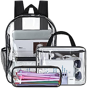 3 Pieces Clear Backpack PVC See Through Backpack Heavy Duty Transparent Bookbag Stadium Approved Black Clear Backpack for School Stadium Travel Security Festival, Black