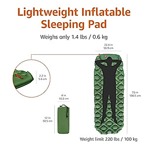 Amazon Basics Sleeping Pad, Folding,Inflatable,Built-In Foot Pump, Single, Olive Green